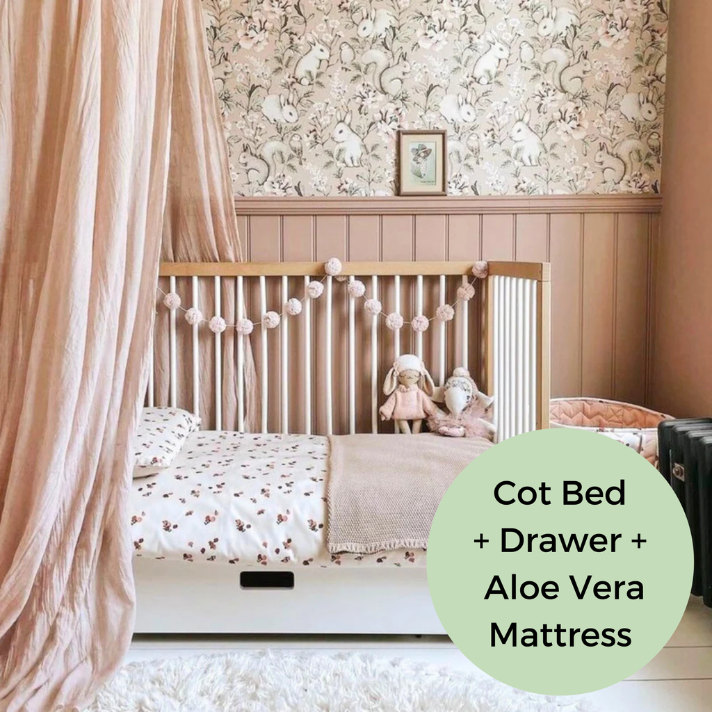 Mini Cot Bed With Drawer & Aloe Vera Mattress - White Beech (120x60 ...