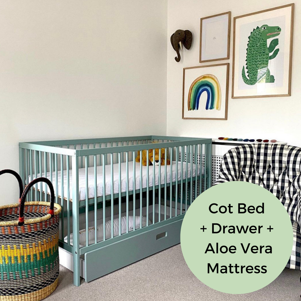 Mini Cot Bed With Drawer & Aloe Vera Mattress - Stone Teal (120x60) – Mokee