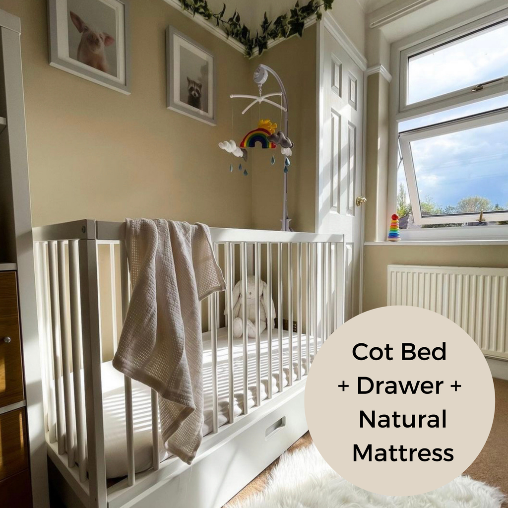 Midi Cot Bed With Drawer & Natural Mattress- White (140x70) – Mokee